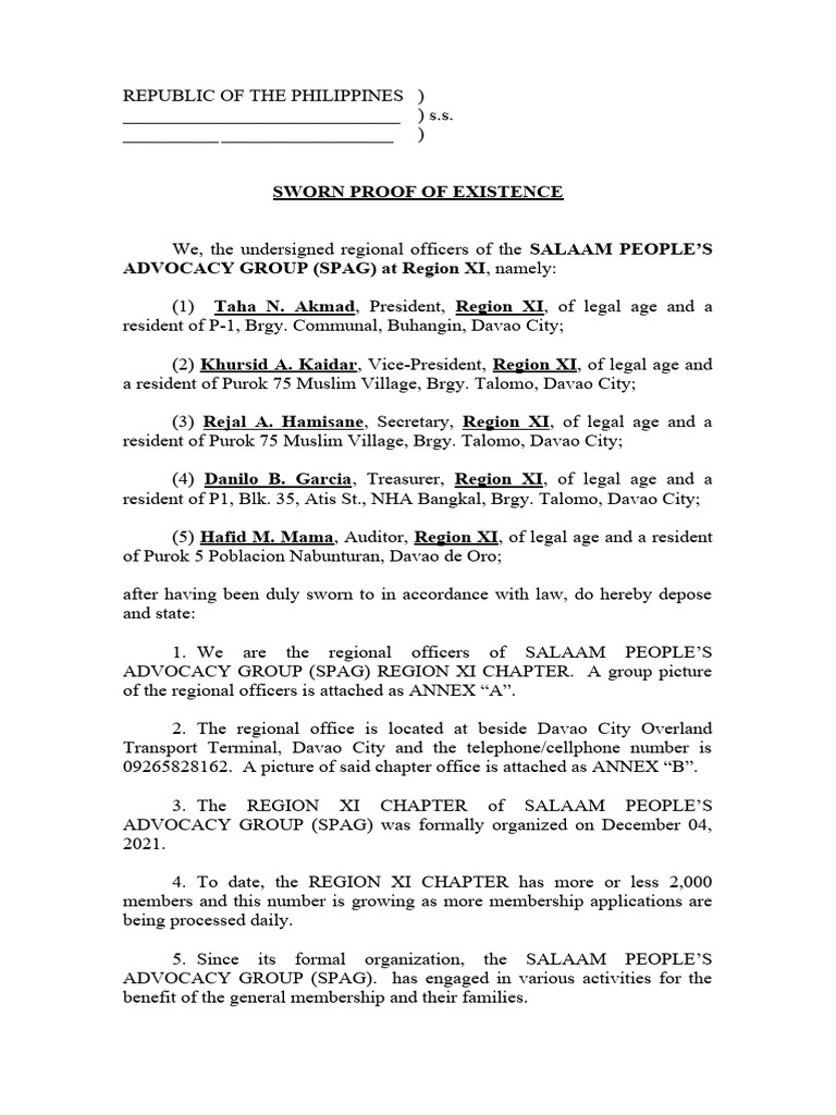 SPAG Region XI Existence Affidavit | PDF | Government
