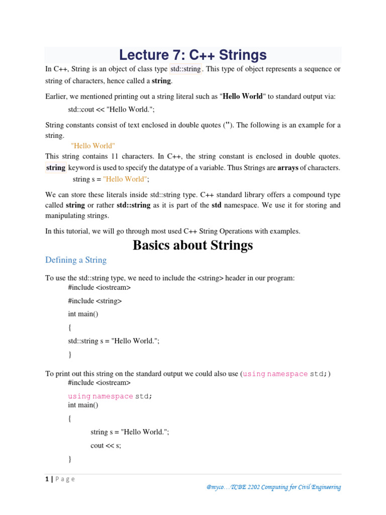Lecture 7 C Strings And String Manipulations Pdf Namespace Computer Engineering