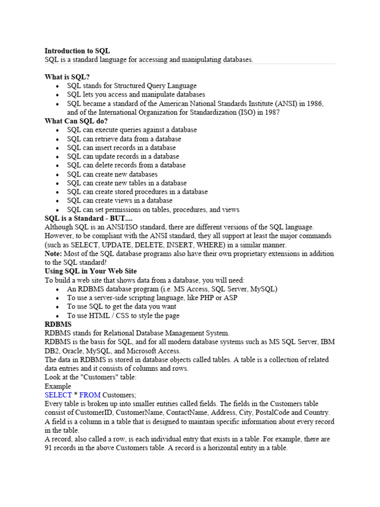 Introduction To Sql Pdf Relational Database Sql