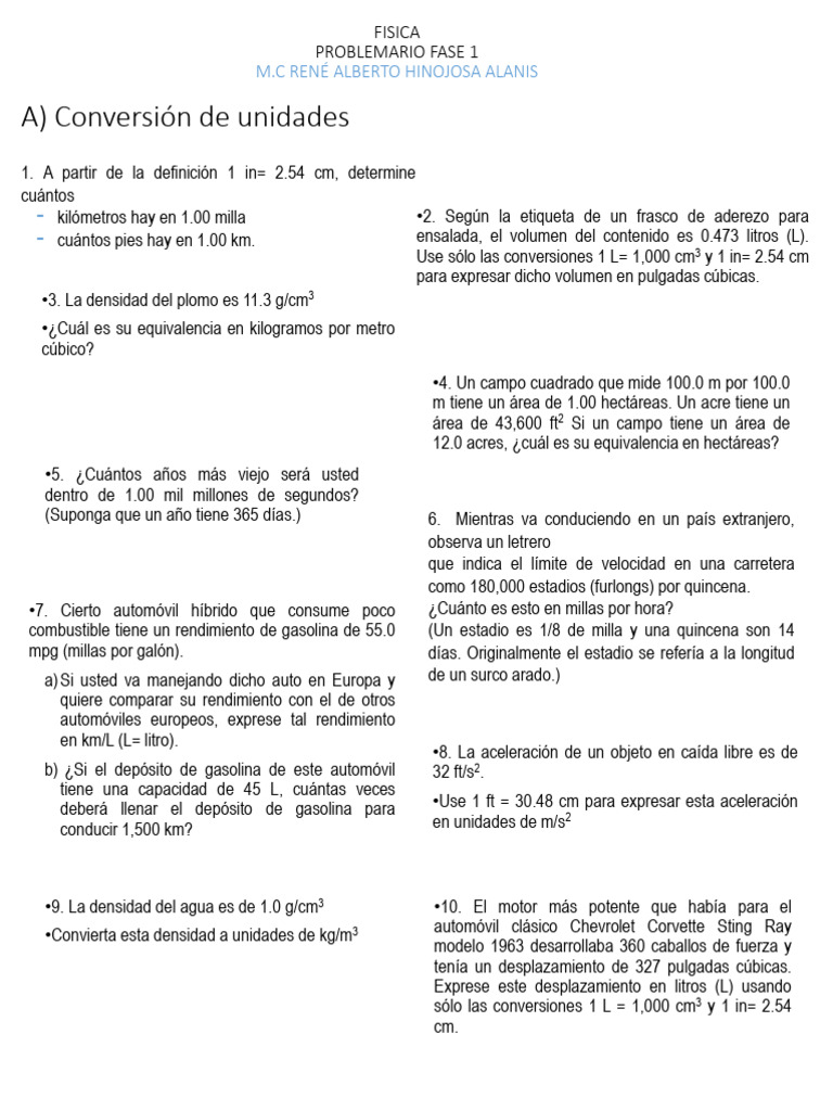 Problemario Fase 1 (Física Ej24) | PDF | Fuerza | Acre