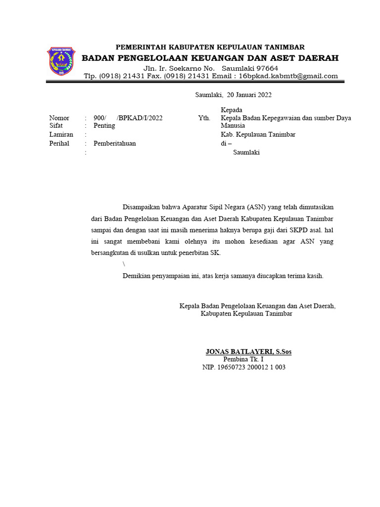 Surat SK Mutasi Asn Bpkad | PDF