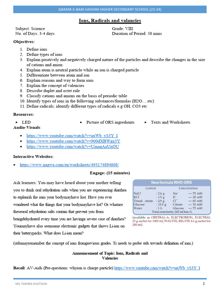 Ions and Radicals Lesson Plan | PDF | Ion | Valence (Chemistry)