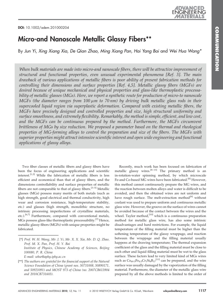 Micro-And Nanoscale Metallic Glassy Fibers | PDF | Glasses | Fibers