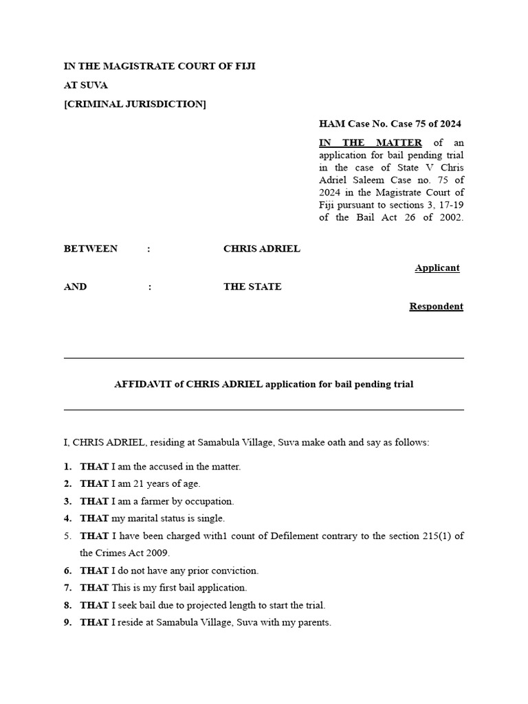 Bail Application for Chris Adriel | PDF | Bail | Affidavit