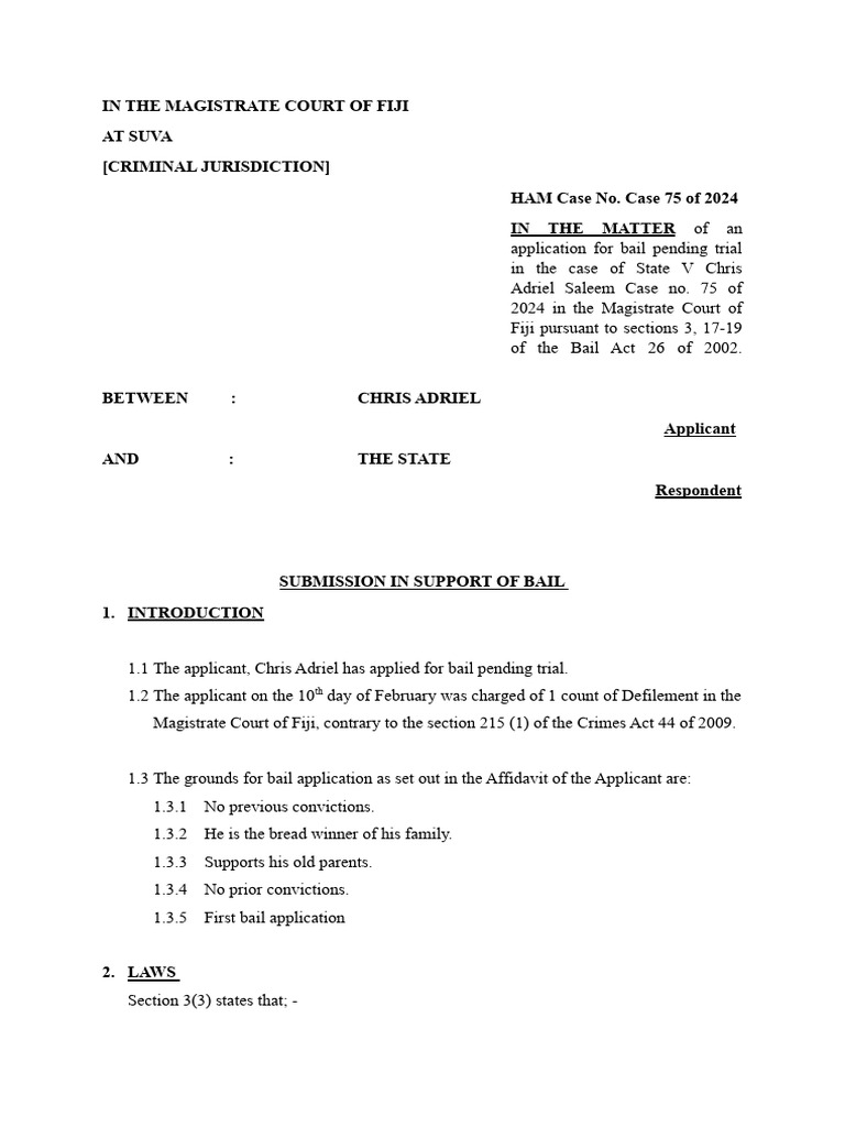 Submission To Bail Application | PDF | Bail | Arrest