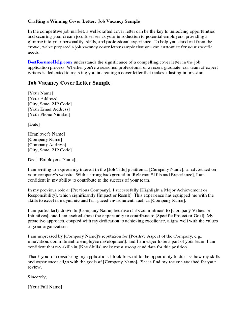 Cover Letter Job Vacancy Sample | Download Free PDF | Résumé | Employment