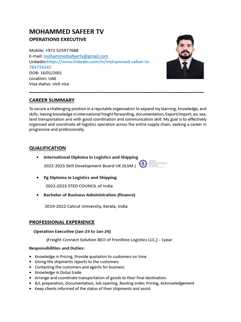 Cv-Mohammed Safeer TV | PDF | Logistics | Economies