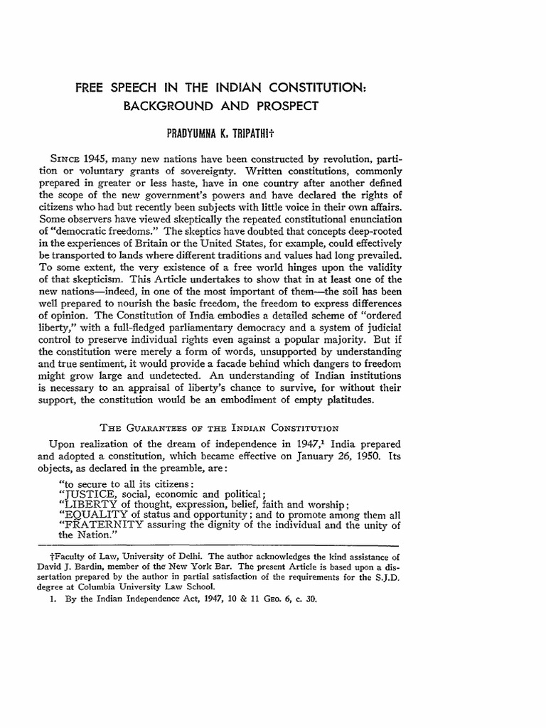 Free Speech in The Indian Constitution:: Background and Prospect ...