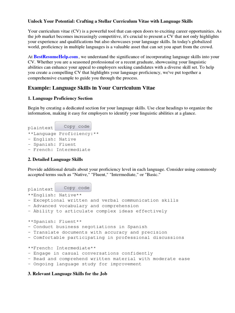 Curriculum Vitae Example Language Skills | PDF | Résumé | Recruitment