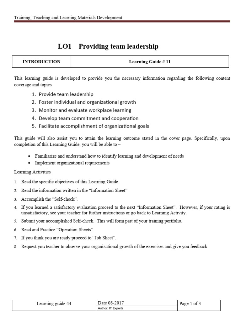 Lead Small Team LO1 | PDF | Leadership | Learning