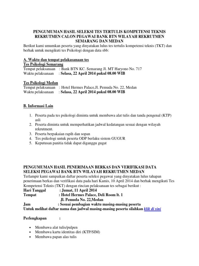 Penerimaan Calon Pegawai Baru Bank BTN | PDF