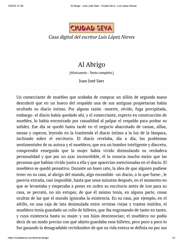 Al Abrigo - Juan José Saer - Ciudad Seva - Luis López Nieves | PDF | Historia | Ficciones de ...
