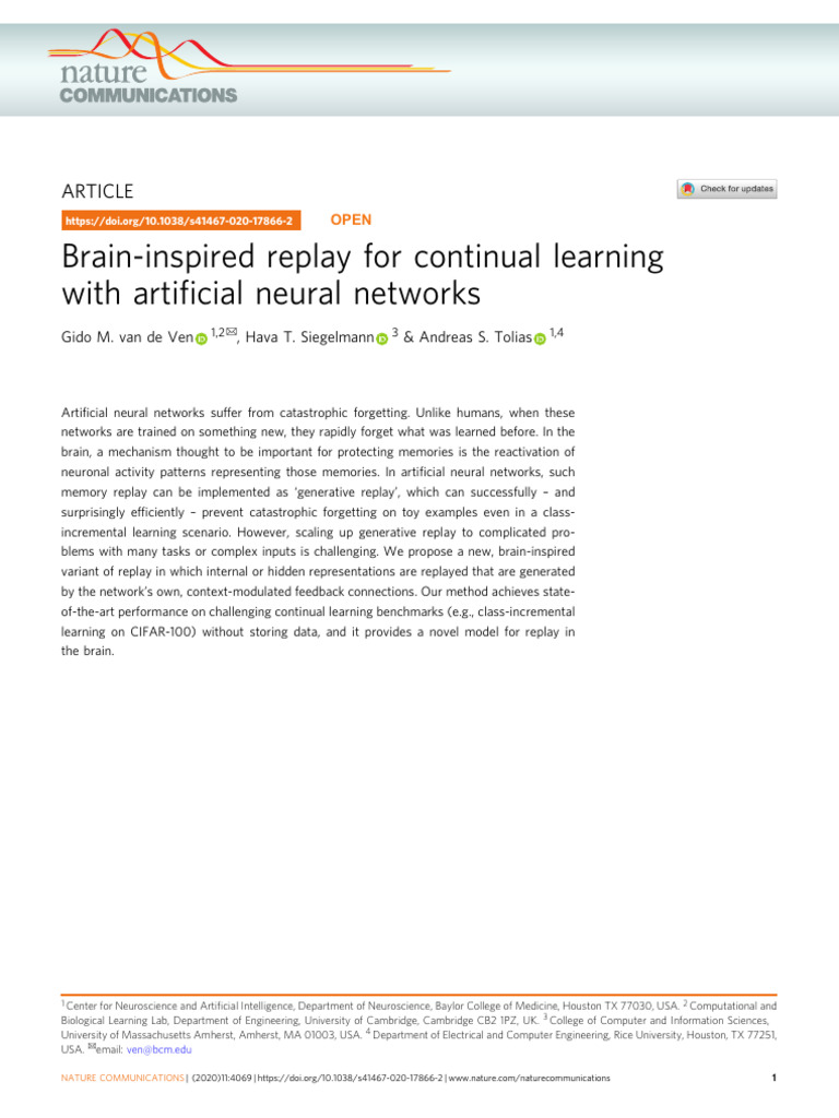 Brain-Inspired Replay For Continual Learning With Artificial Neural Networks | Download Free PDF ...