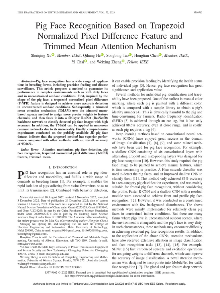 Pig Face Recognition Based On Trapezoid Normalized Pixel Difference Feature and Trimmed Mean ...