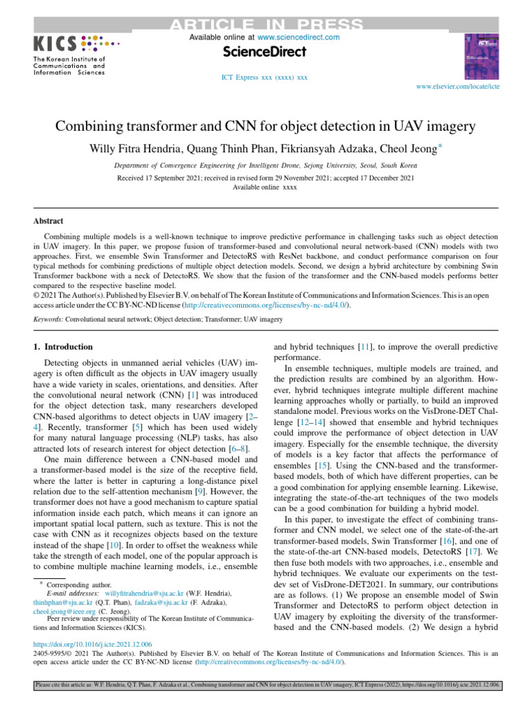 Combining Transformer And Cnn For Object Detection In Uav Imagery Pdf Cybernetics Computing