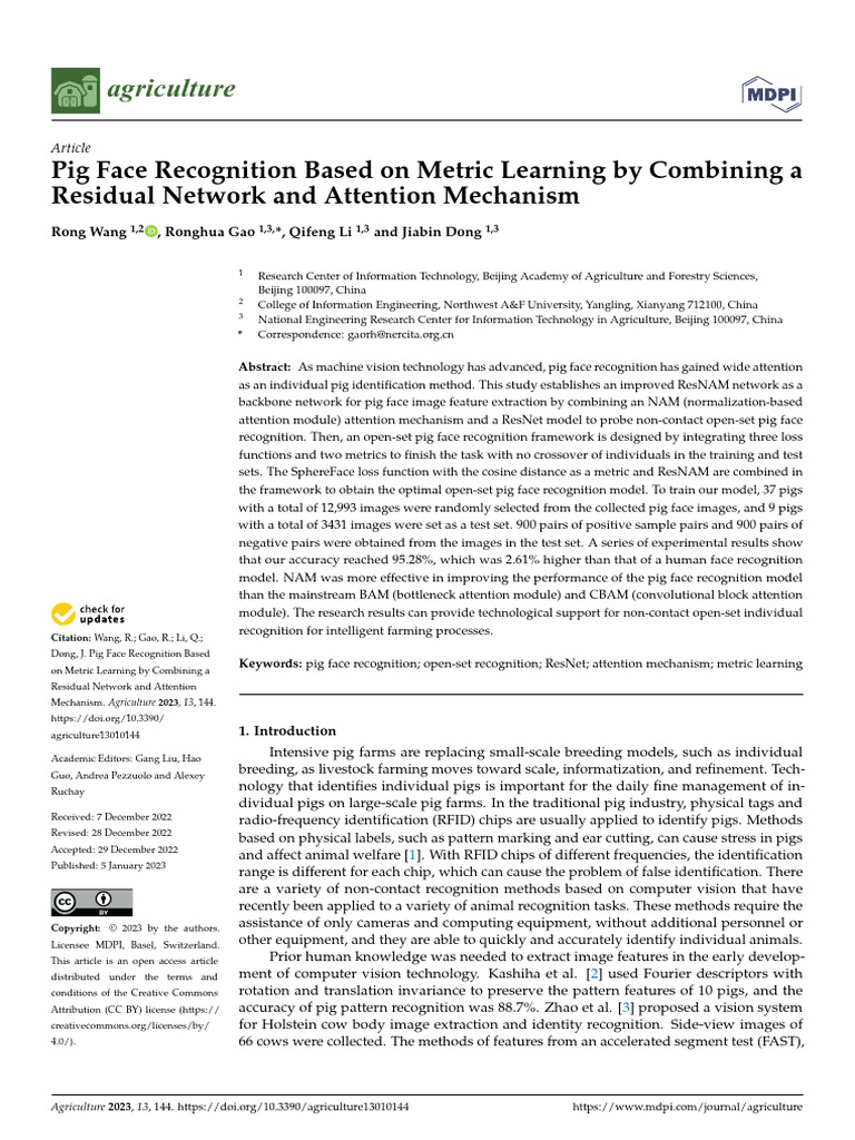 Pig Face Recognition Based On Metric Learning by Combining A Residual Network and Attention ...