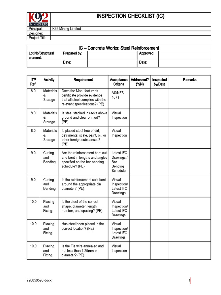 Concrete Works Steel Reinforcement Checklist | PDF | Building ...