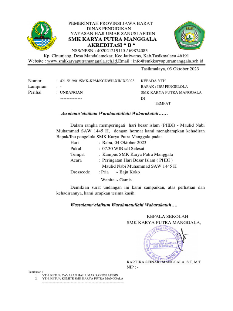 Surat Undangan PHBI Maulid Nabi - Pengelola SMK KPM | PDF