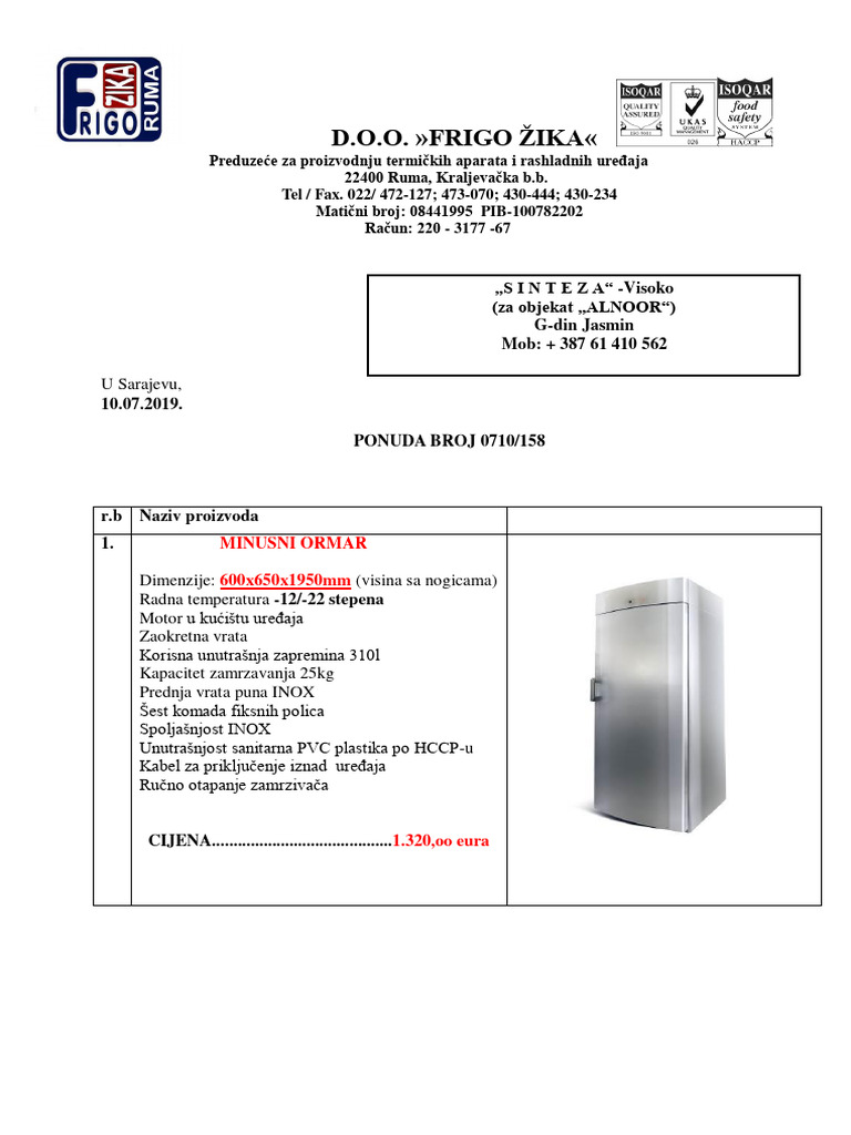 Ponuda Za Opremu - SINTEZA (10.07.-19) - Profesionalna Kuhinja | PDF