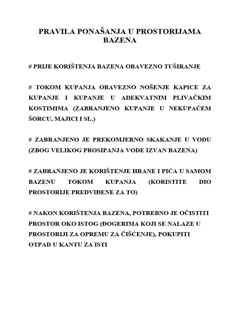 Pravila Ponašanja u Prostorijama Bazena | PDF