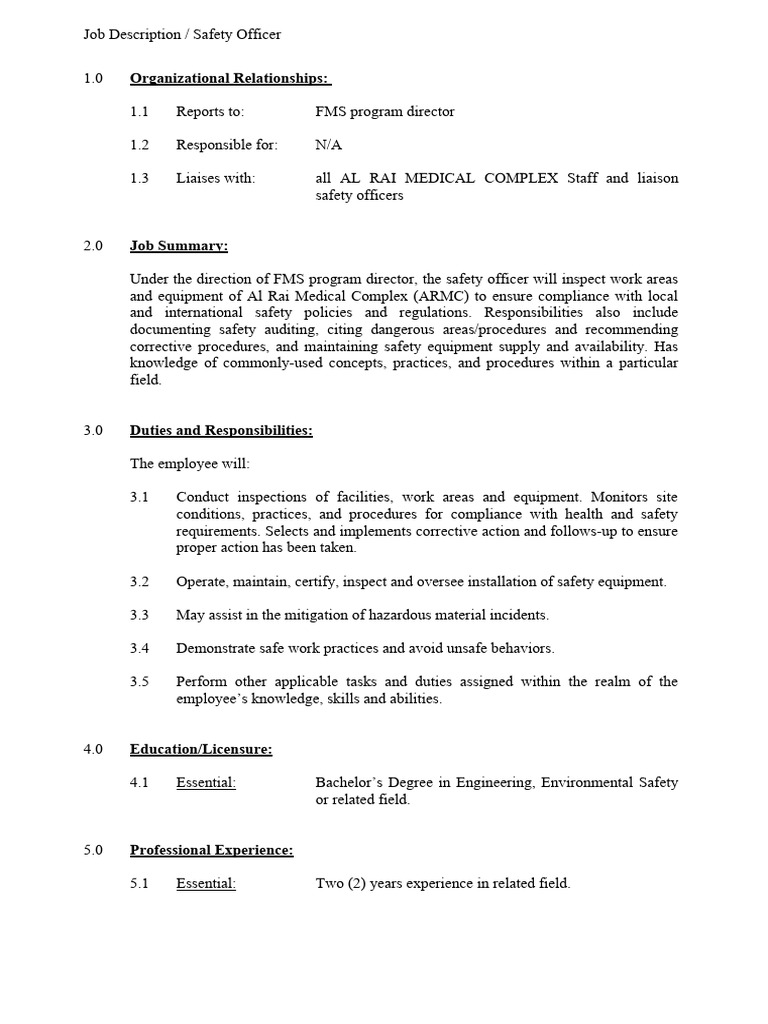 Safety Officer Job Description | PDF | Safety | Employment