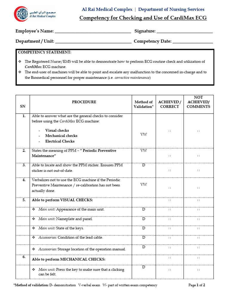 Competency For Checking and Use of CardiMax ECG | PDF | Medical ...