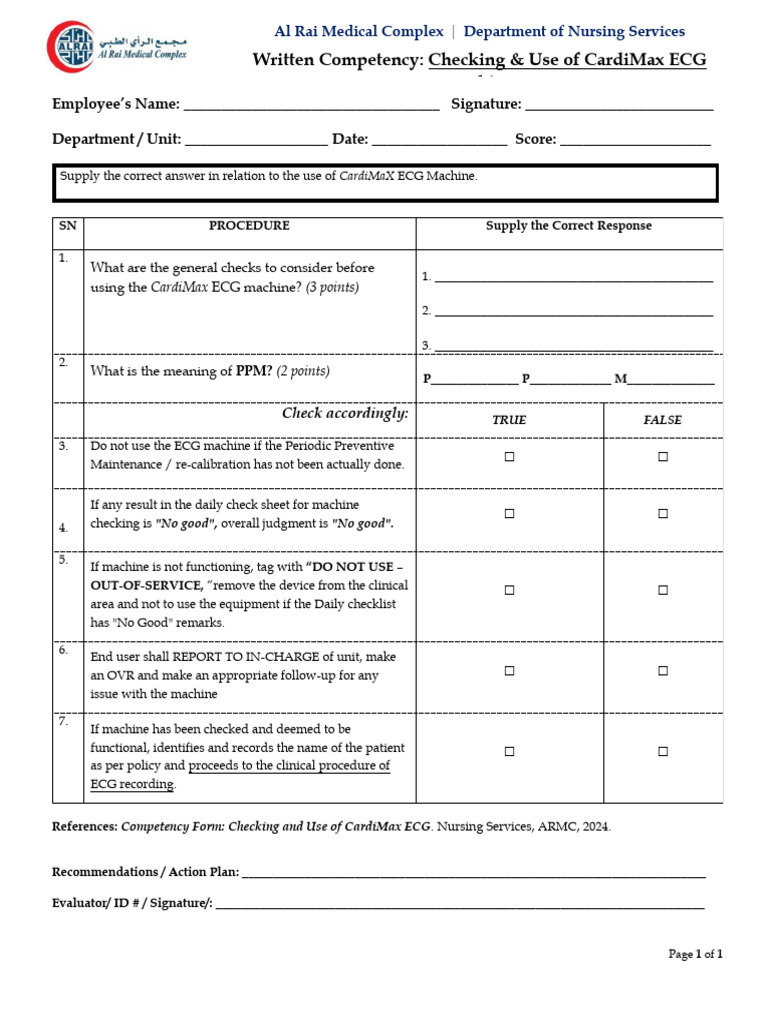 Written Competency - Checking and Use of The CardiMax ECG Machine ...