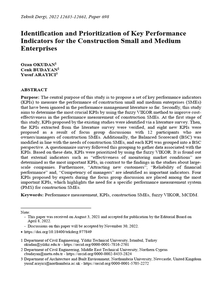 KPIs for Construction SMEs: Fuzzy VIKOR | PDF | Performance Indicator ...