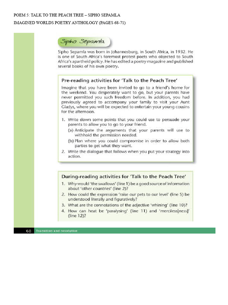 Talk To The Peach Tree - Sipho Sepamla | PDF Talk To The Peach Tree - Sipho Sepamla | PDF