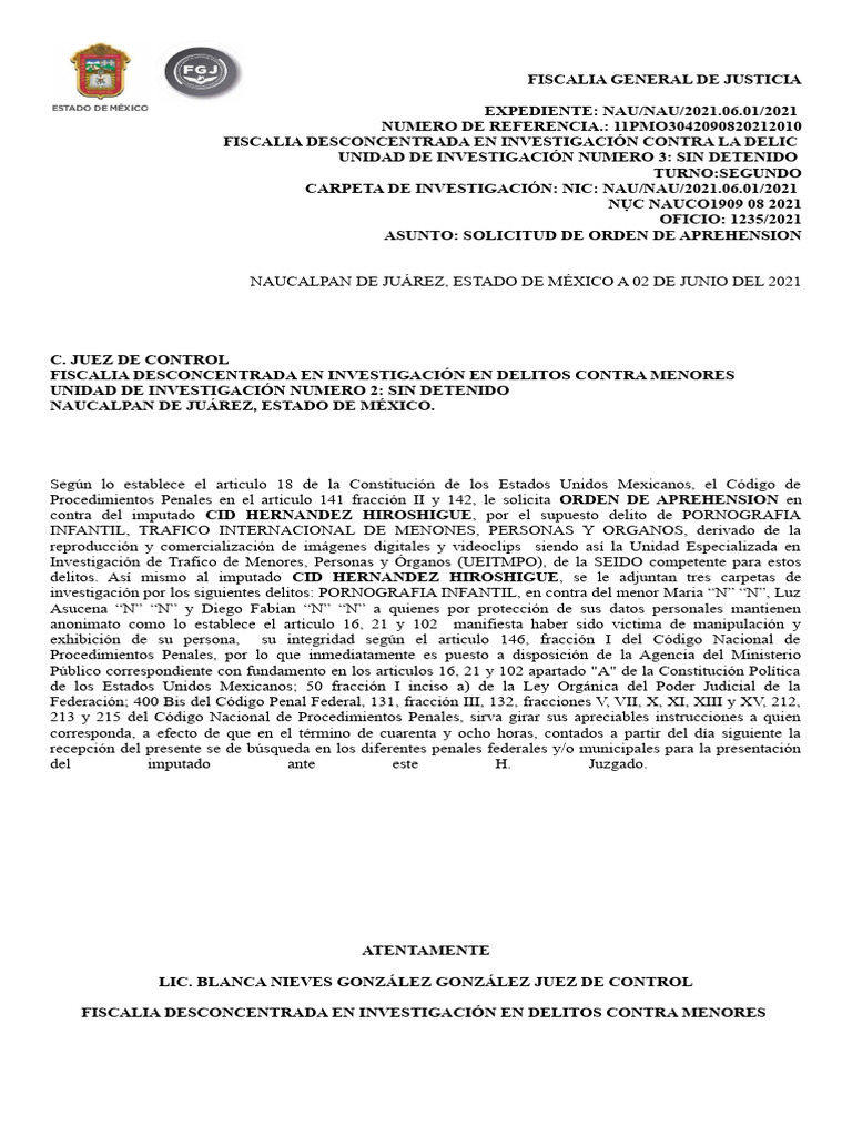 Orden de Aprension Fiscalia Edo Mex | PDF | Fiscal | Esfera pública