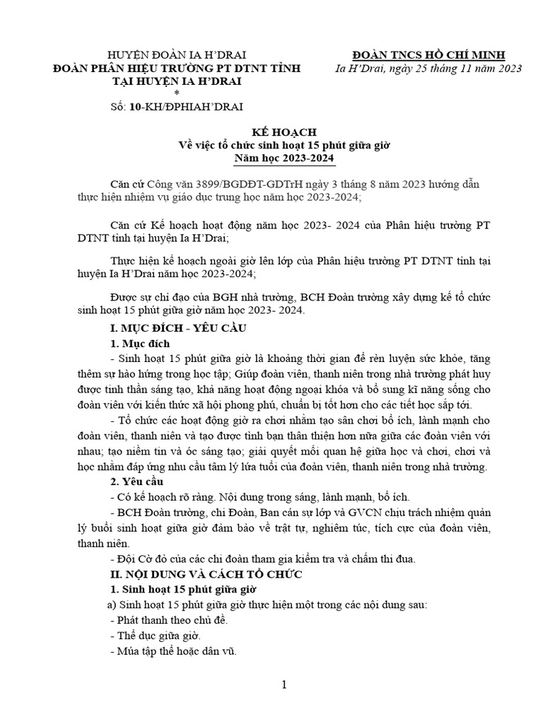 Ke - Hoach - To - Chuc - Sinh - Hoat - 15 - Giua - Gio - 2023 - 2024 | PDF