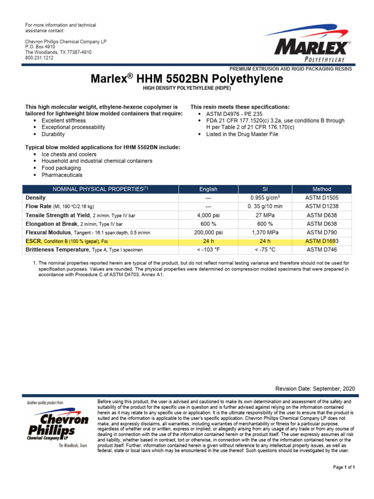 TDS - Marlex® HHM 5502BN Polyethylene | PDF | Polyethylene | Building ...