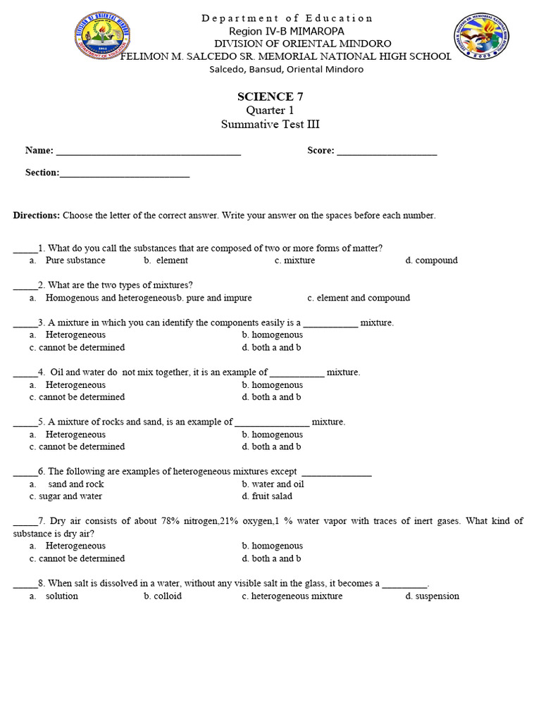 Science 7 Quarter 1 Summative Test | PDF | Mixture | Homogeneity And ...