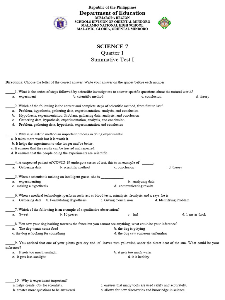 Summative Test 1 Grade 7 W9 Scientific Investigation 2021 | PDF ...