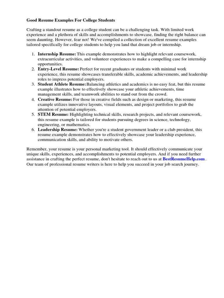 Good Resume Examples For College Students | PDF | Résumé | Internship
