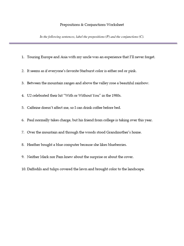 Prepositions and Conjunctions Practice | PDF