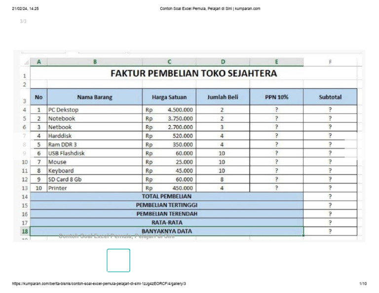 Contoh Soal Excel Pemula, Pelajari Di Sini | PDF