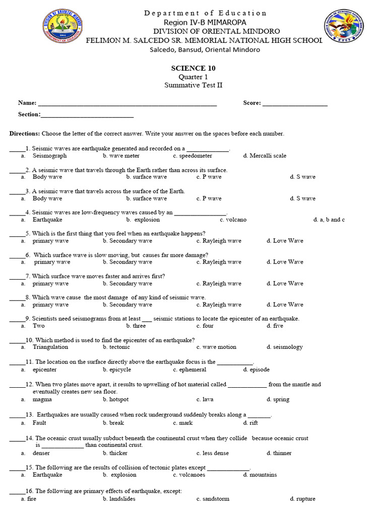Seismic Waves Quiz for Grade 10 | PDF | Plate Tectonics | Earthquakes