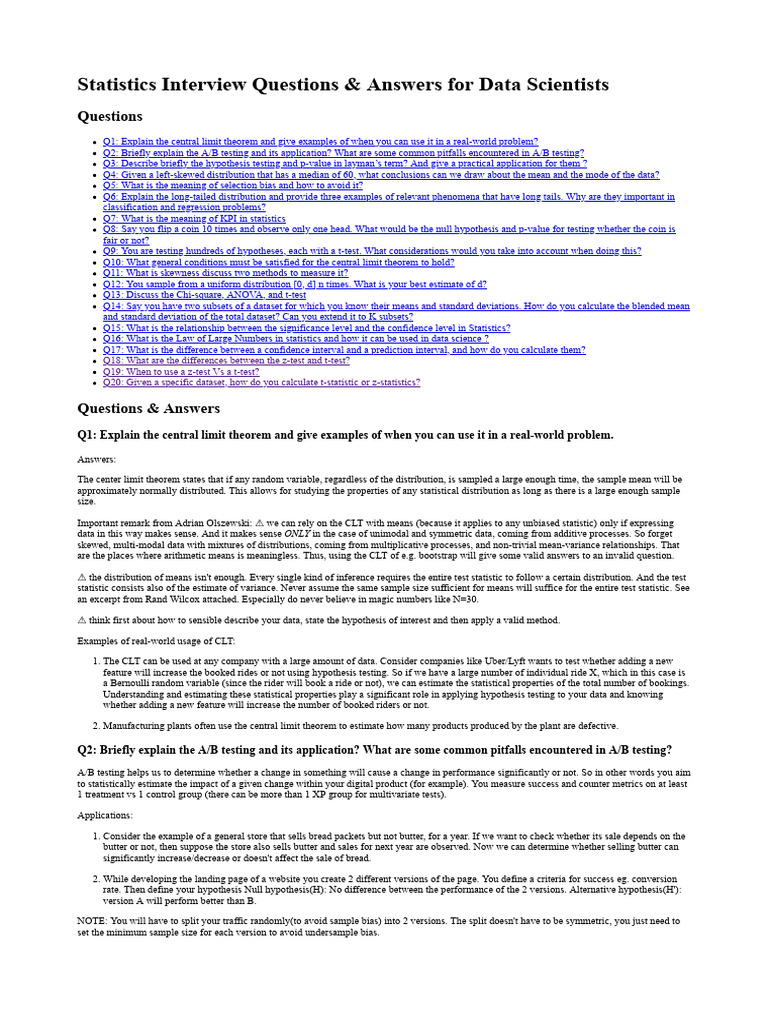Statistics Interview Questions & Answers For Data Scientists | PDF | Errors And Residuals | Skewness