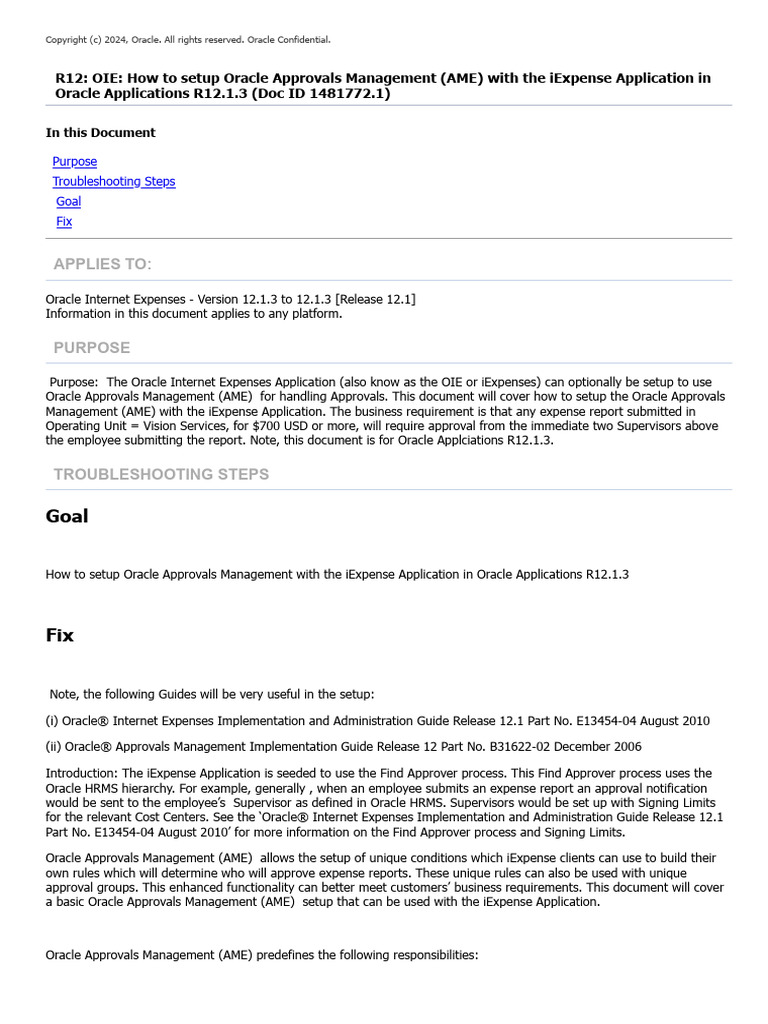 AME Setup For Iexpenses 1481772.1 | PDF | Oracle Corporation | User (Computing)