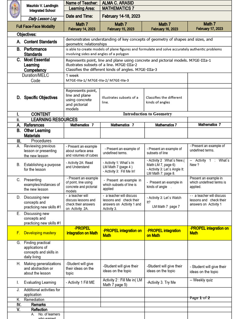 DLLMath7 3rd Q 1stwk | PDF | Mathematics | Geometry
