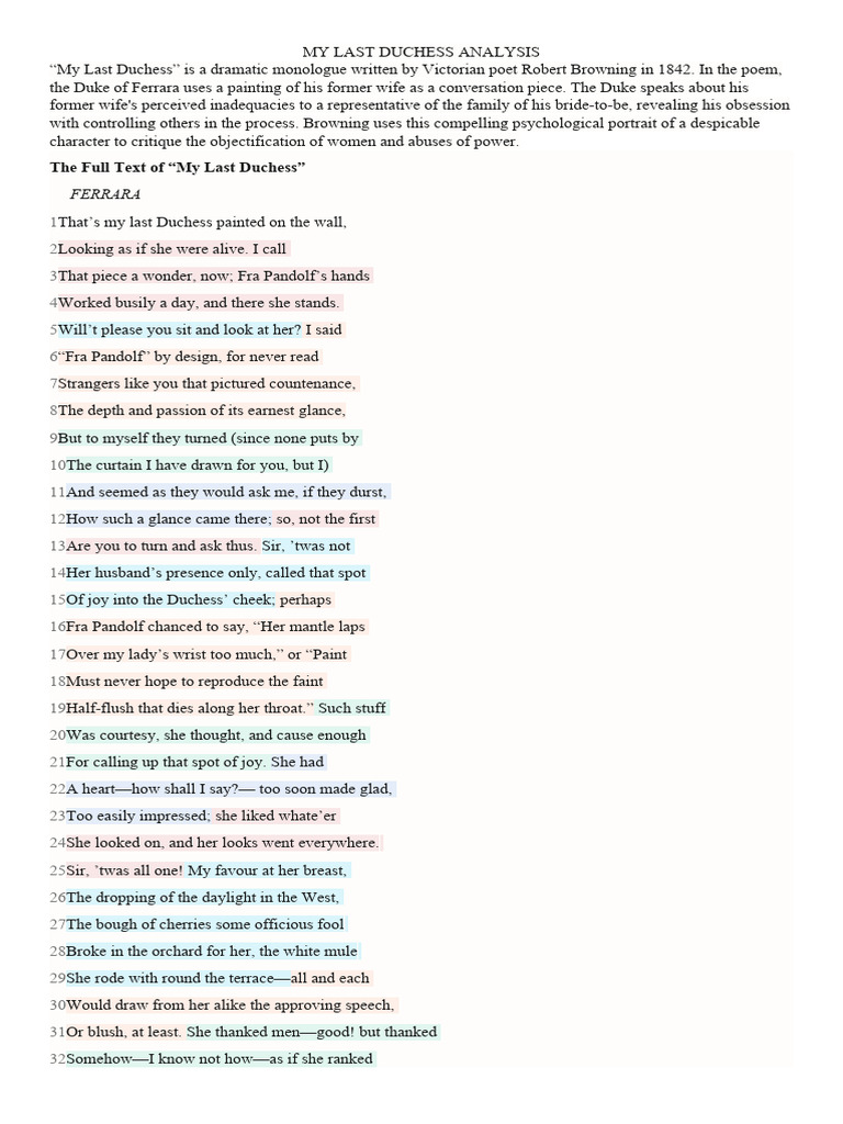 My Last Duchess Analysis | PDF
