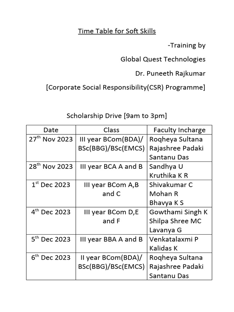 Soft Skills Training Timetable 2023 | PDF