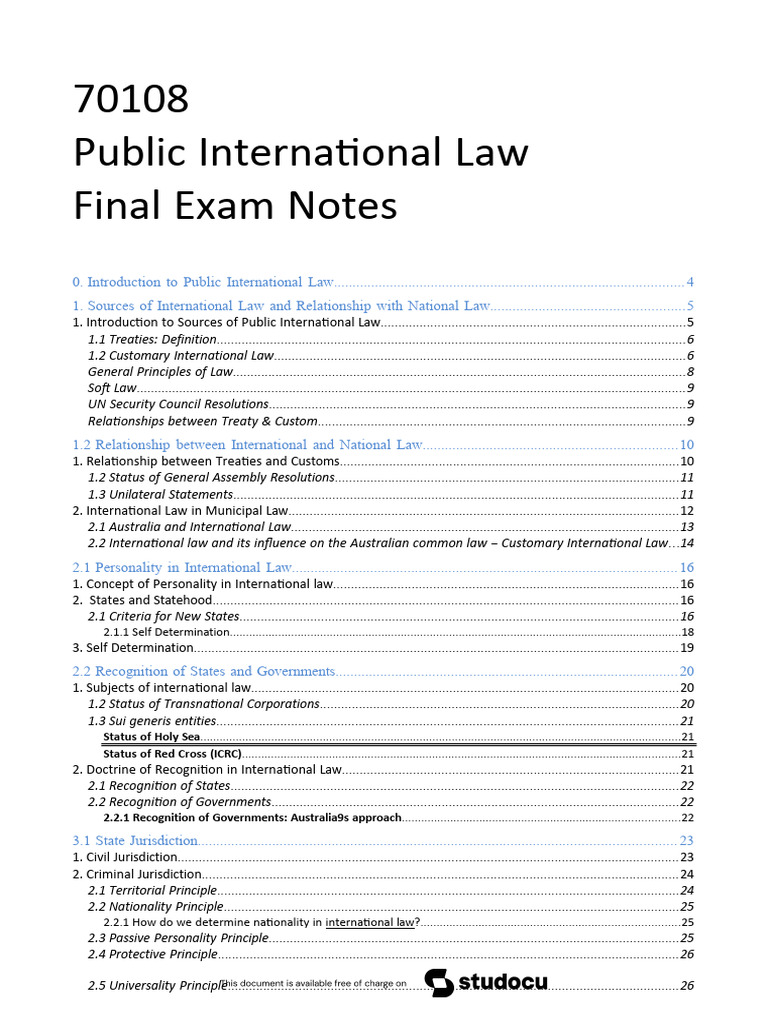 Public International Law Exam Notes | PDF | International Law | Treaty