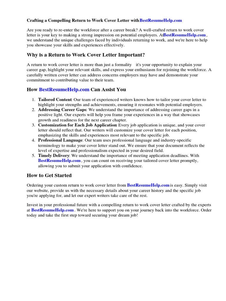 Return To Work Cover Letter | PDF | Employment | Occupational Safety ...