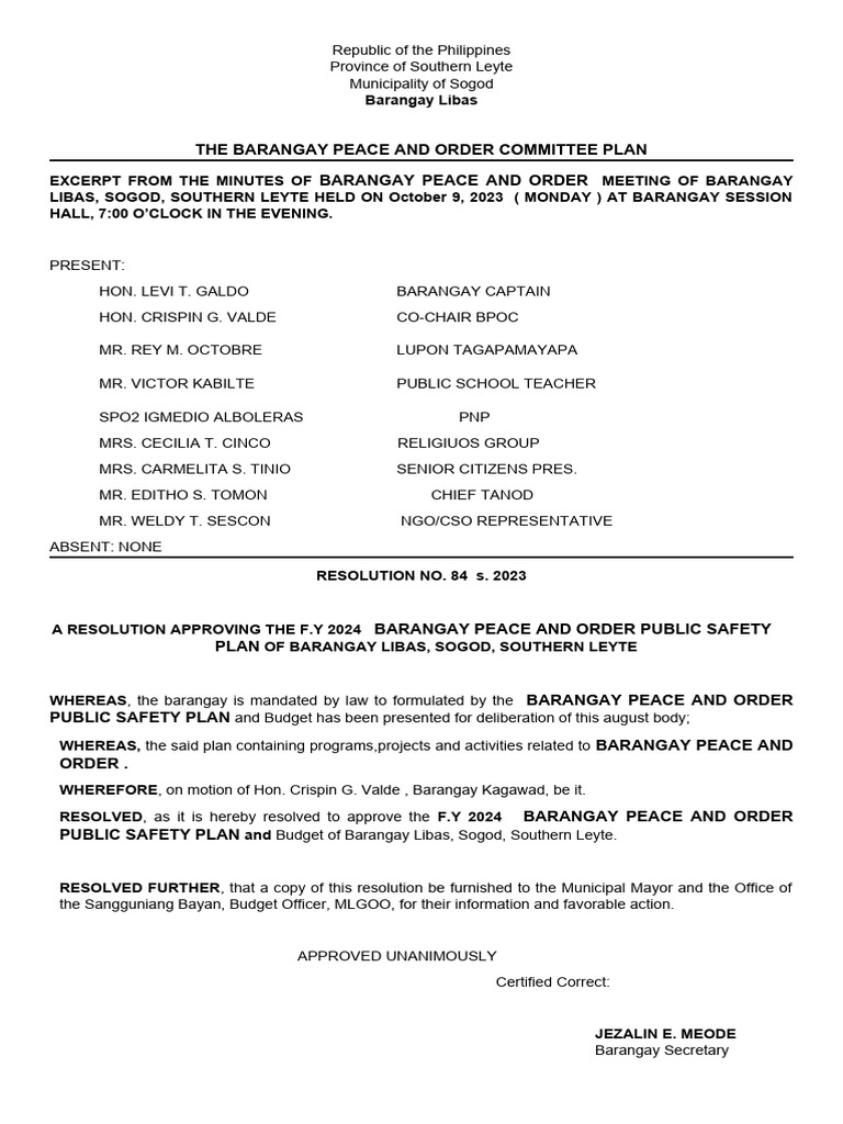 BPOC PLAN Reso Approving 2024 | PDF | Government | Philippines