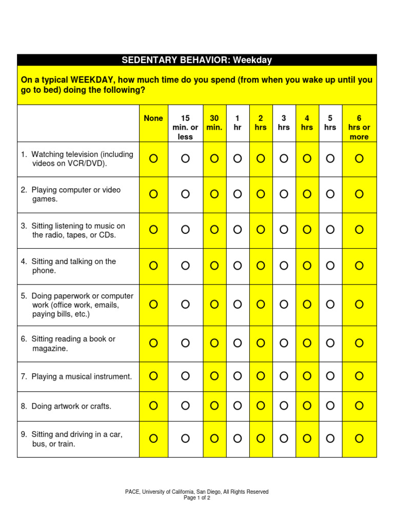 Adult Sedentary Behaviors Questionnaire | PDF | Sedentary Lifestyle ...