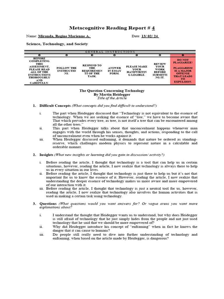 Metacognitive Reading Report - Miranda | PDF | Cognition | Cognitive ...