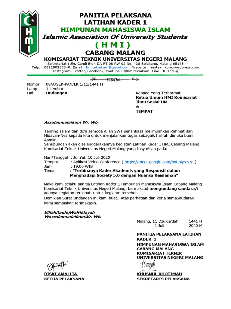 Contoh Surat Undangan HMI Komisariat Ilmu Sosial | PDF