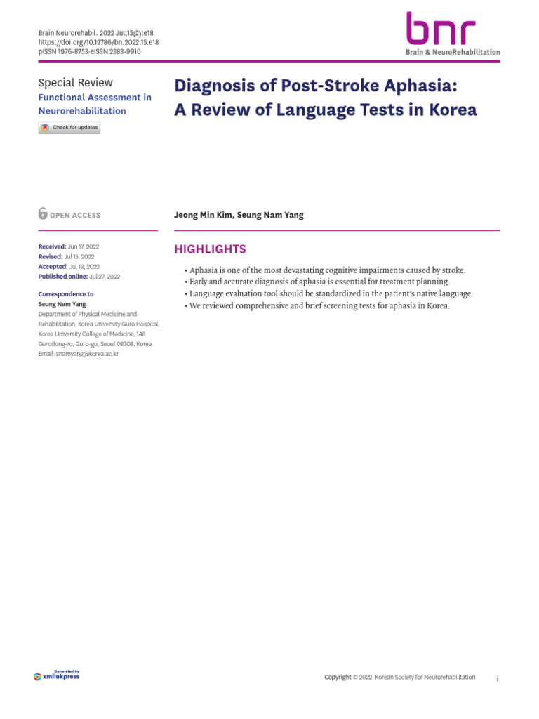 Diagnosis of Post Stroke Aphasia | PDF | Aphasia | Screening (Medicine)
